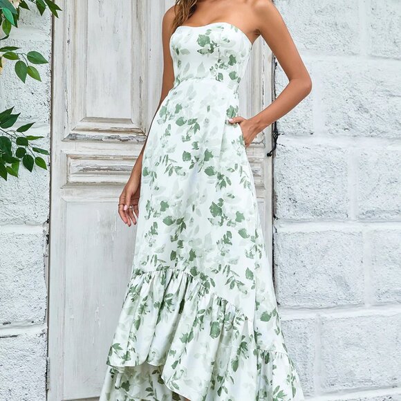 Wedtrend | Dresses | Green Asymmetrical Strapless Printed Long ...